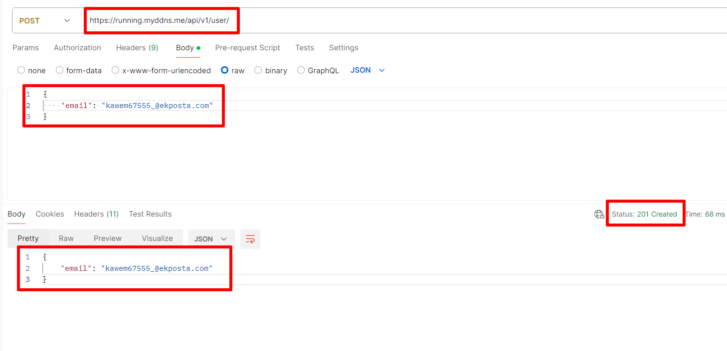 Код и статус ответа 201 Created при отправке POST api/v1/user/ на Создание юзера, если в ...